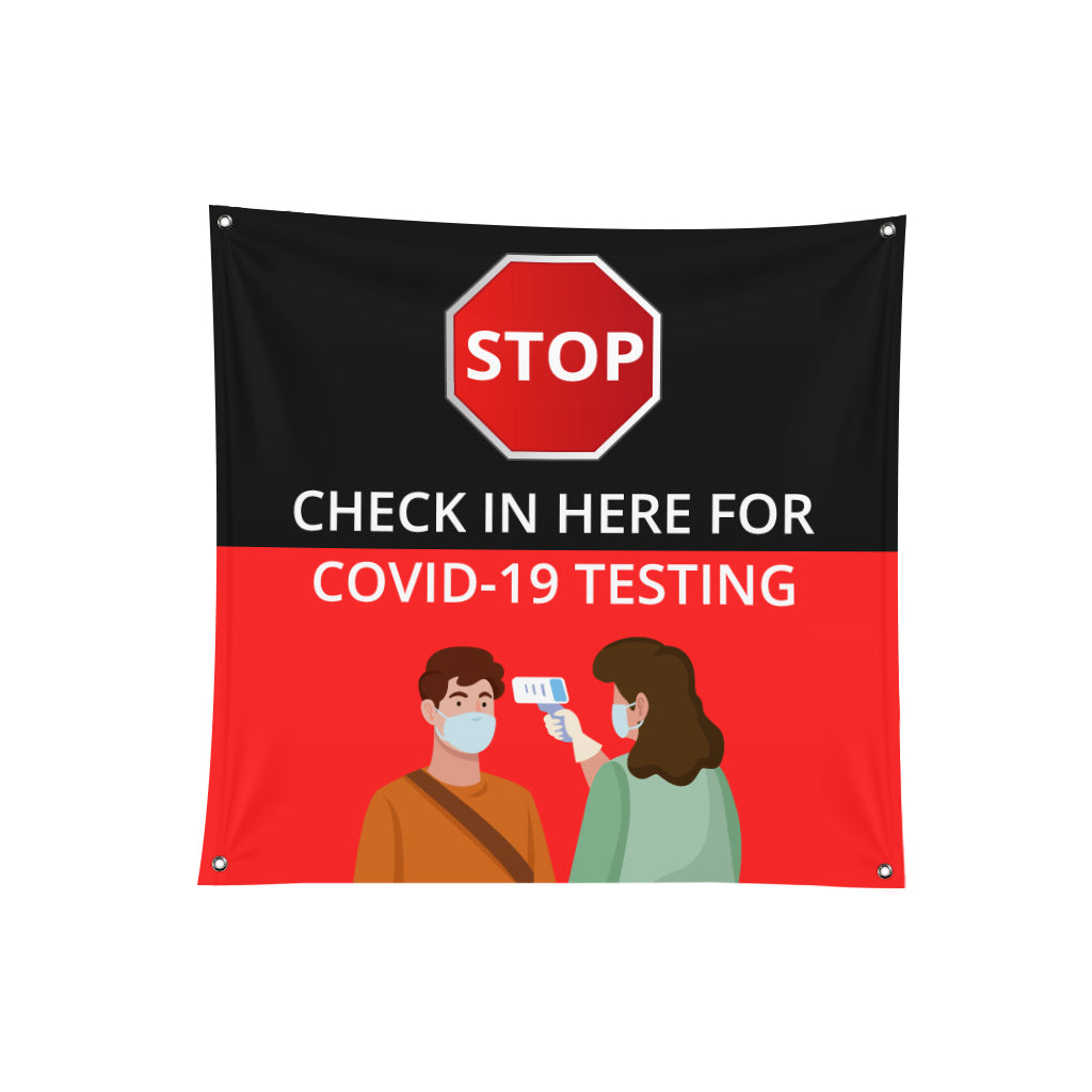 Testing Sign Fabric Banner-STOP Check In Here For COVID-19 – Backdropsource